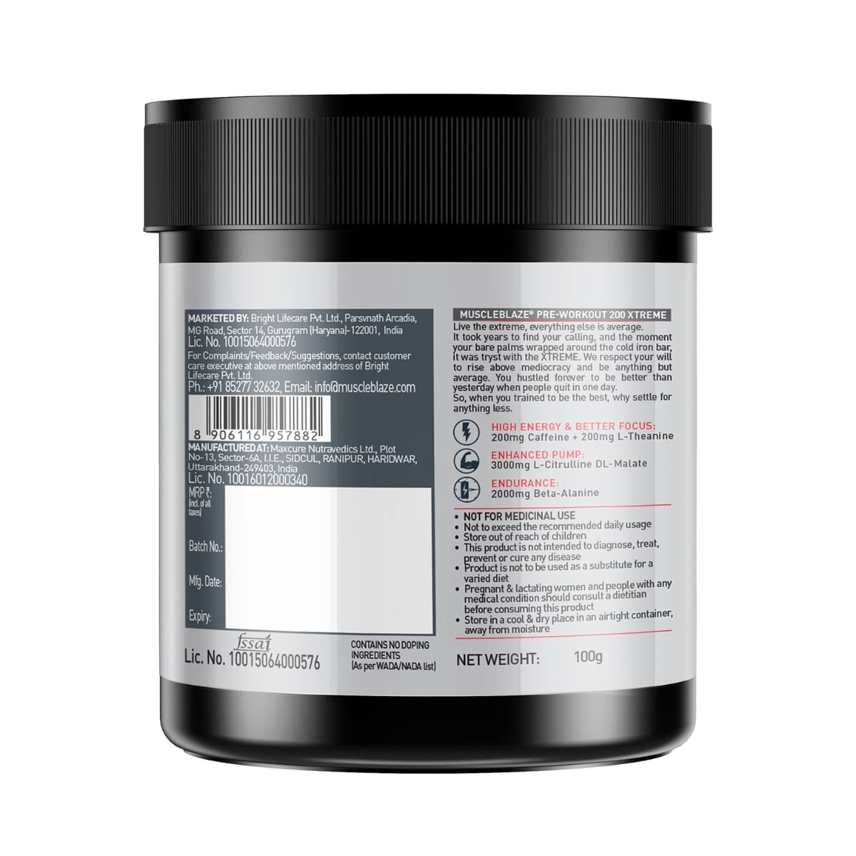MuscleBlaze MB Pre Workout 200 Xtreme 100g | 15 Serving | Fruit Punch ...