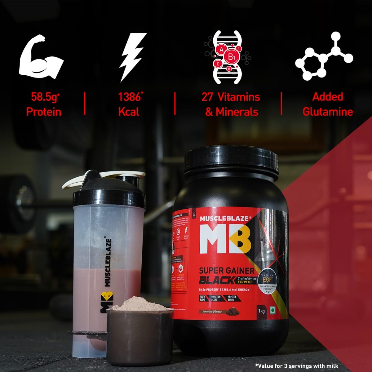 MuscleBlaze MB Super Gainer Black 1kg | Chocolate Flavour | Muscle Mass ...