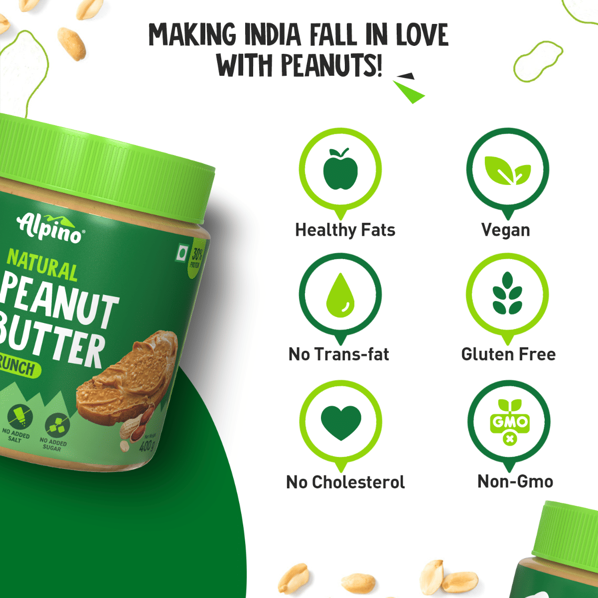 ALPINO 30g High Protein Natural Peanut Butter Crunch 400g - Unsweetened ...