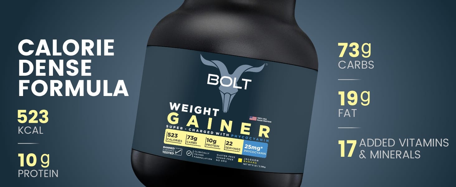 Bolt Weight Gainer Super-Charged With Phycocyanin, 10g Protein | 5 LB ...