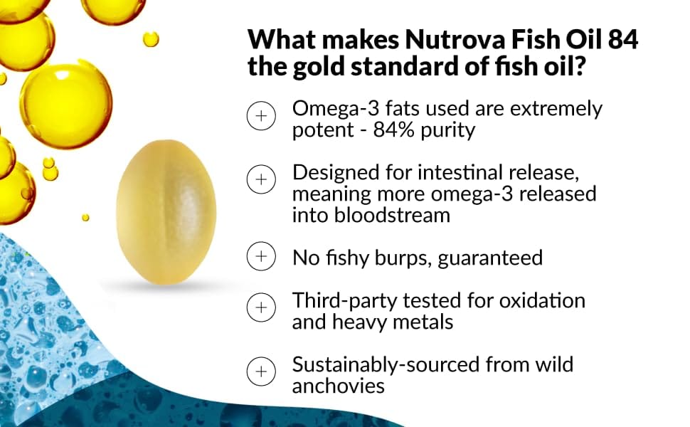 Nutrova Fish Oil 84 Omega-3 High Purity, Heavy Metal Tested, For Brain ...
