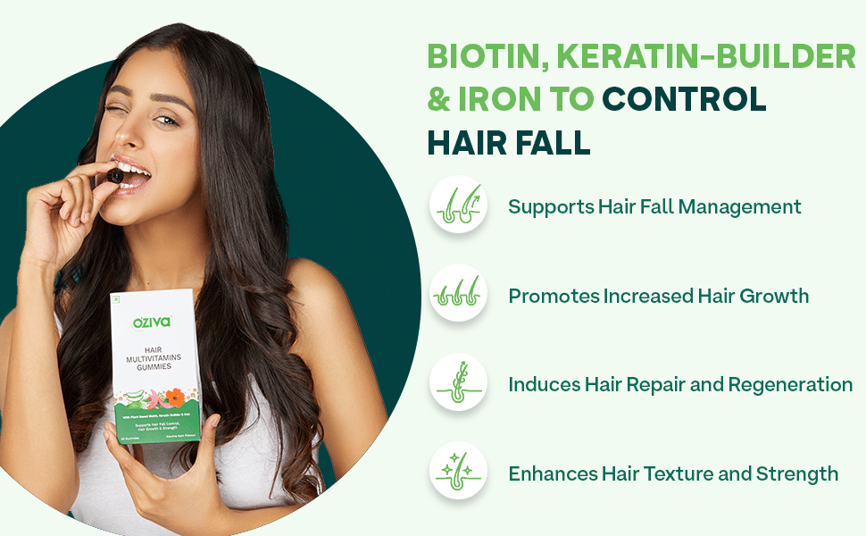 Oziva Biotin Hair Multivitamins Gummies, Raw Mango, 30 Gummies (With ...
