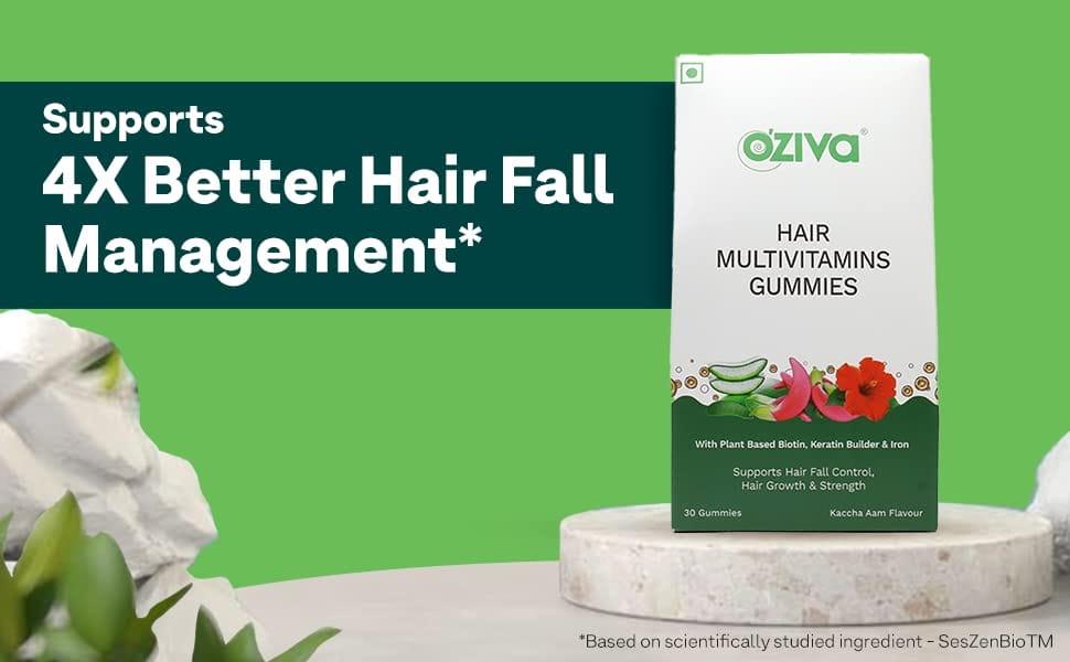 Oziva Biotin Hair Multivitamins Gummies, Raw Mango, 30 Gummies (With ...